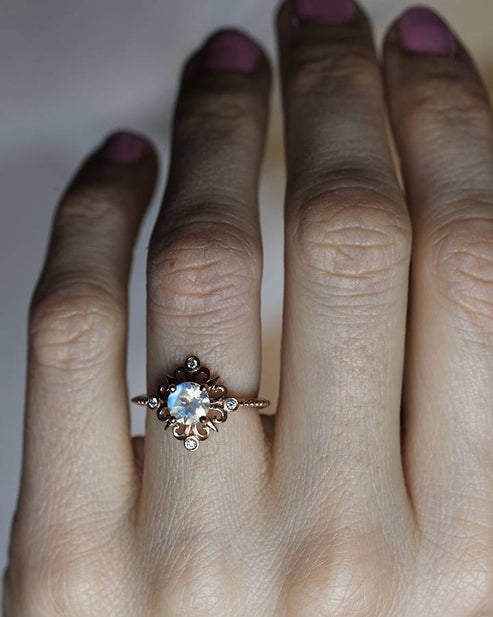14K Solid RoseGold Stackable-Dainty Moonstone Ring Adjustable Size ...